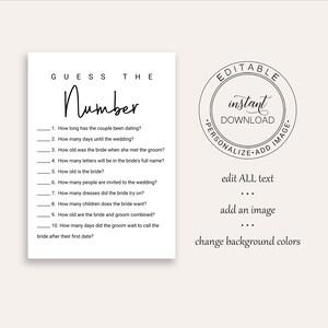 Guess the Number Bridal Shower Game Template, Editable Modern Printable ...