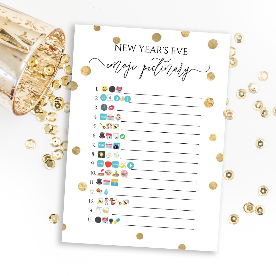 New Year's Eve Emoji Pictionary, Gold Foil Polka Dot New Year Game ...