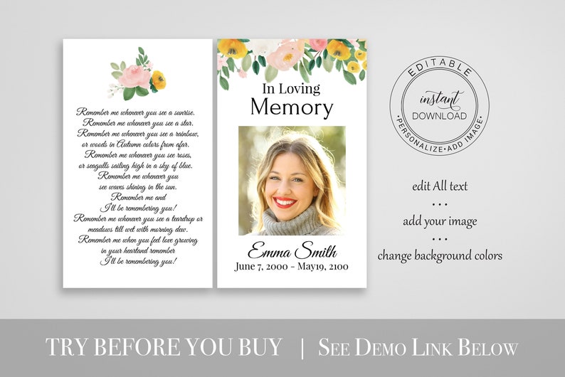 Memorial Prayer Card Celebration of Life in Loving Memory - Etsy Canada