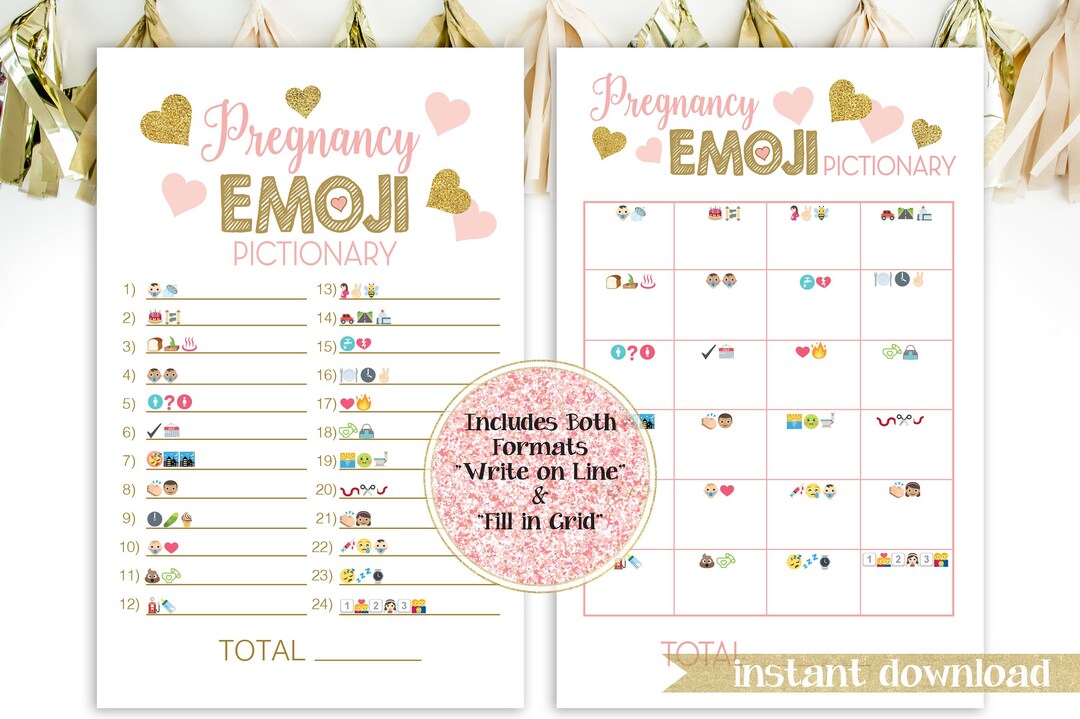 Glitter Emoji Pregnancy Pictionary ~ Pink and Gold Baby Shower ~ Baby ...