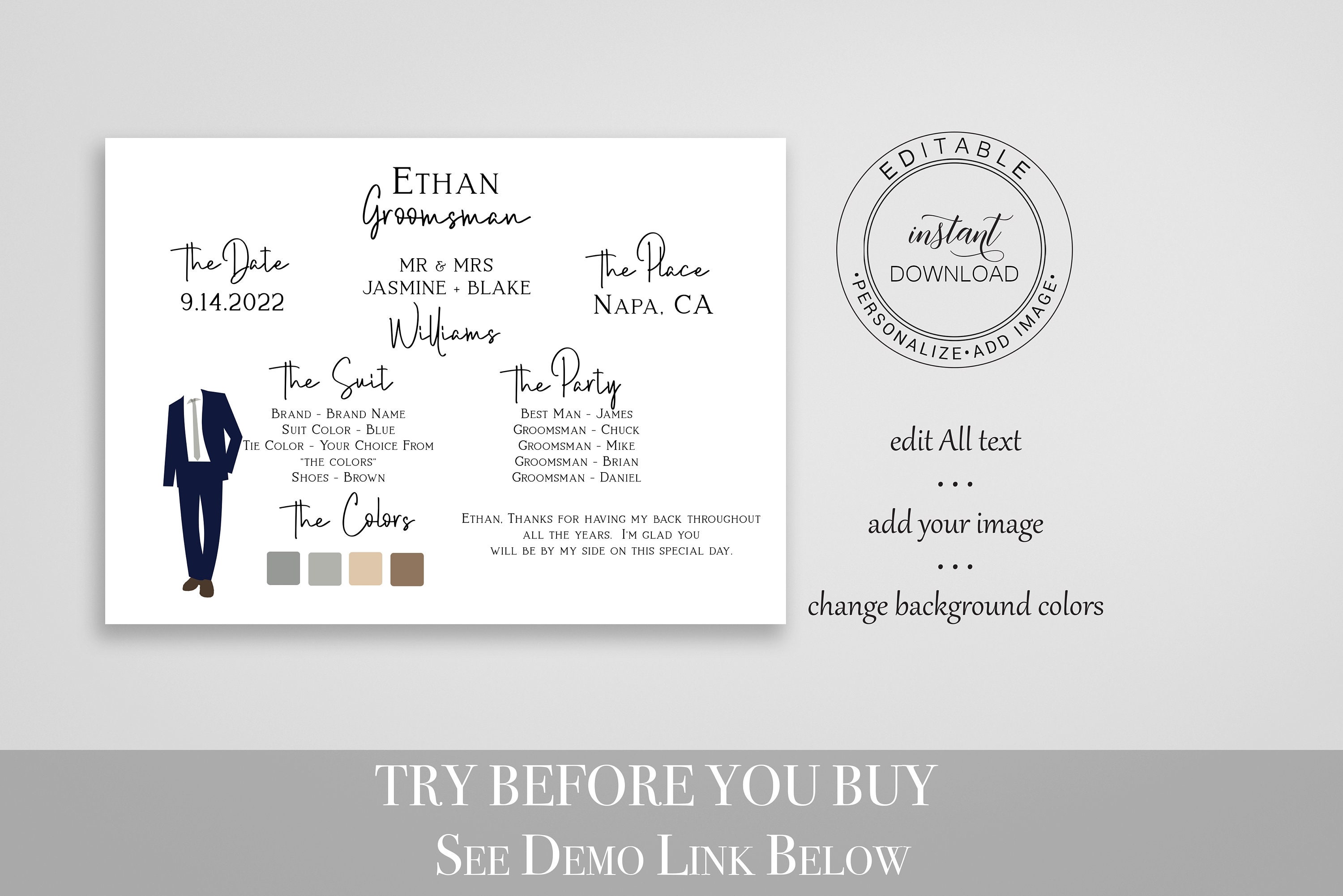 Groomsman Information Card Printable Best Man Details Note - Etsy