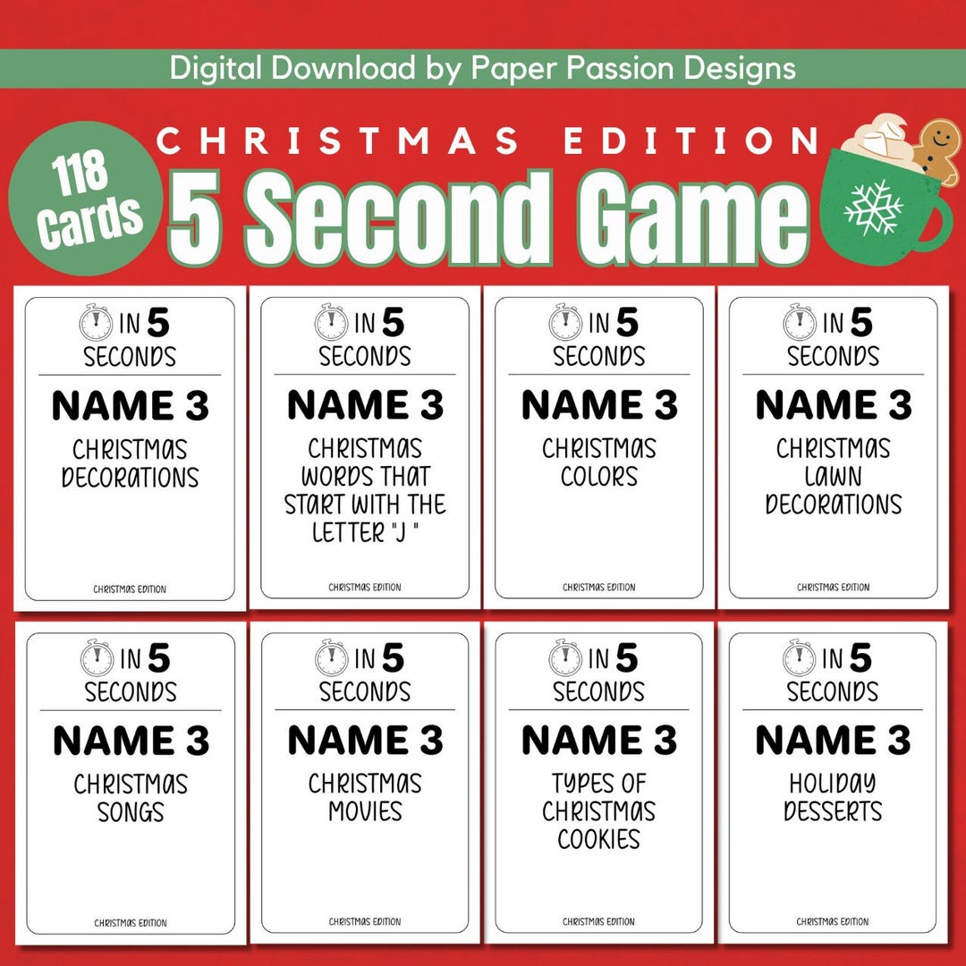 Christmas 5 Second Game Template: Holiday Trivia, 118 Printable Cards ...
