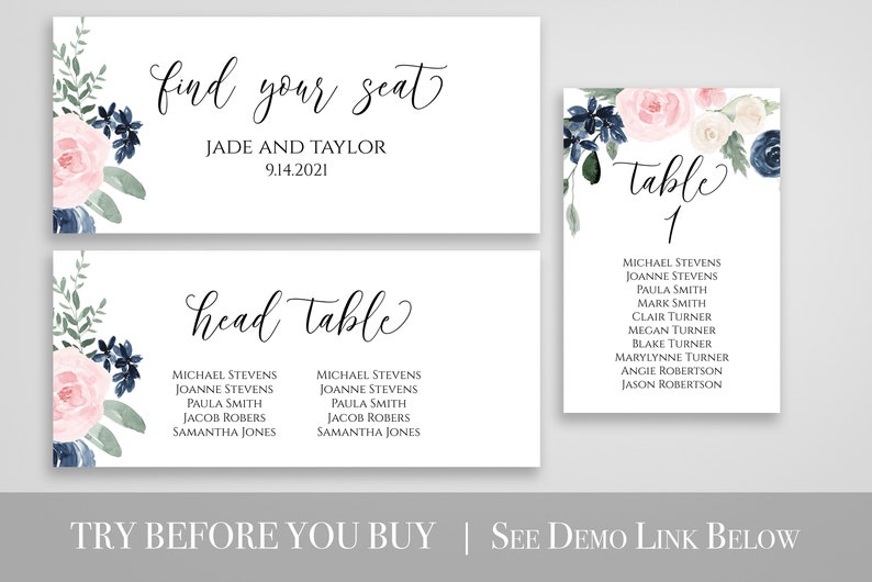 Table Seating Cards Template Pink and Blue Floral Seating | Etsy