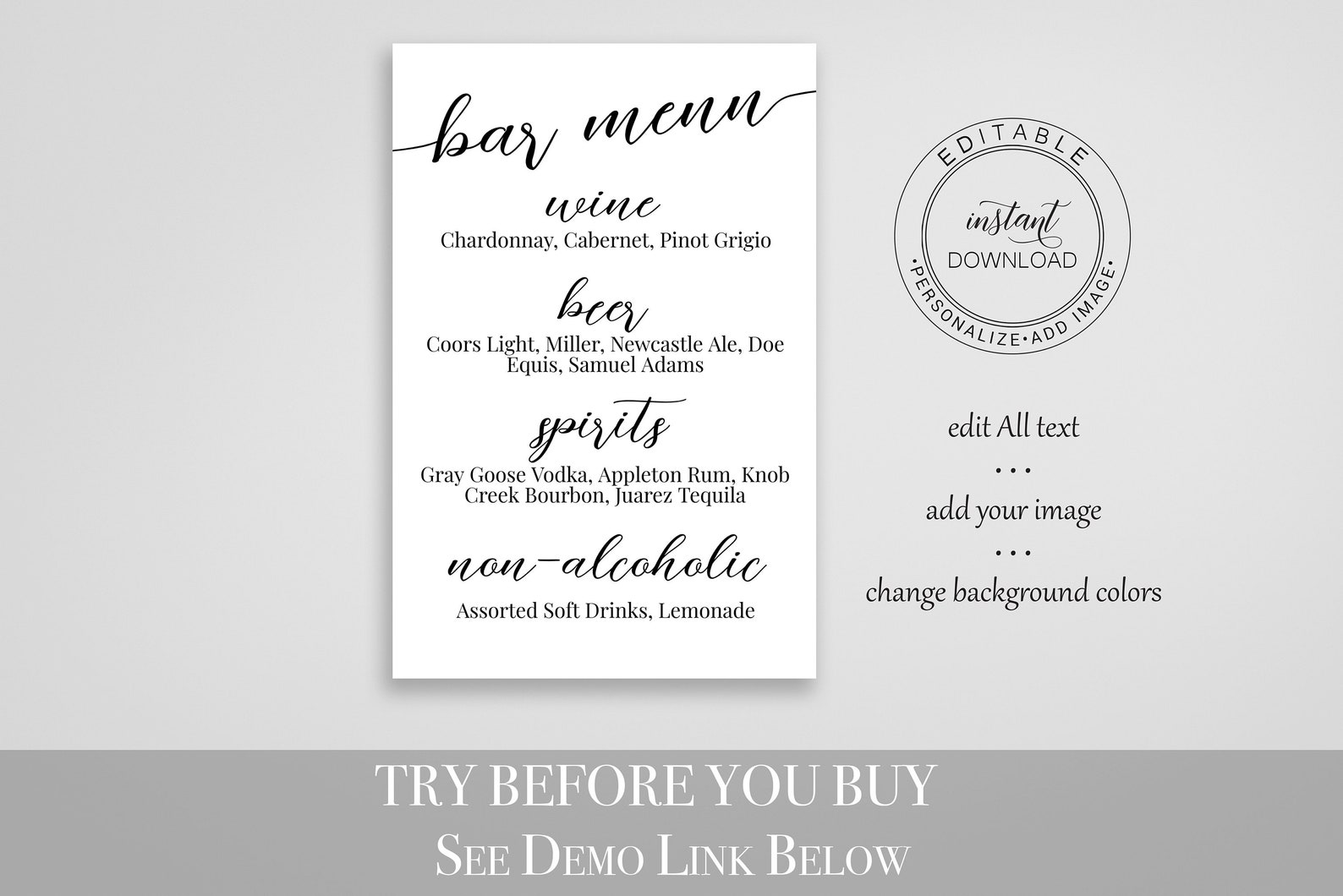Wedding Bar Menu, Event Drink List, Menu Sign, Elegant Calligraphy ...
