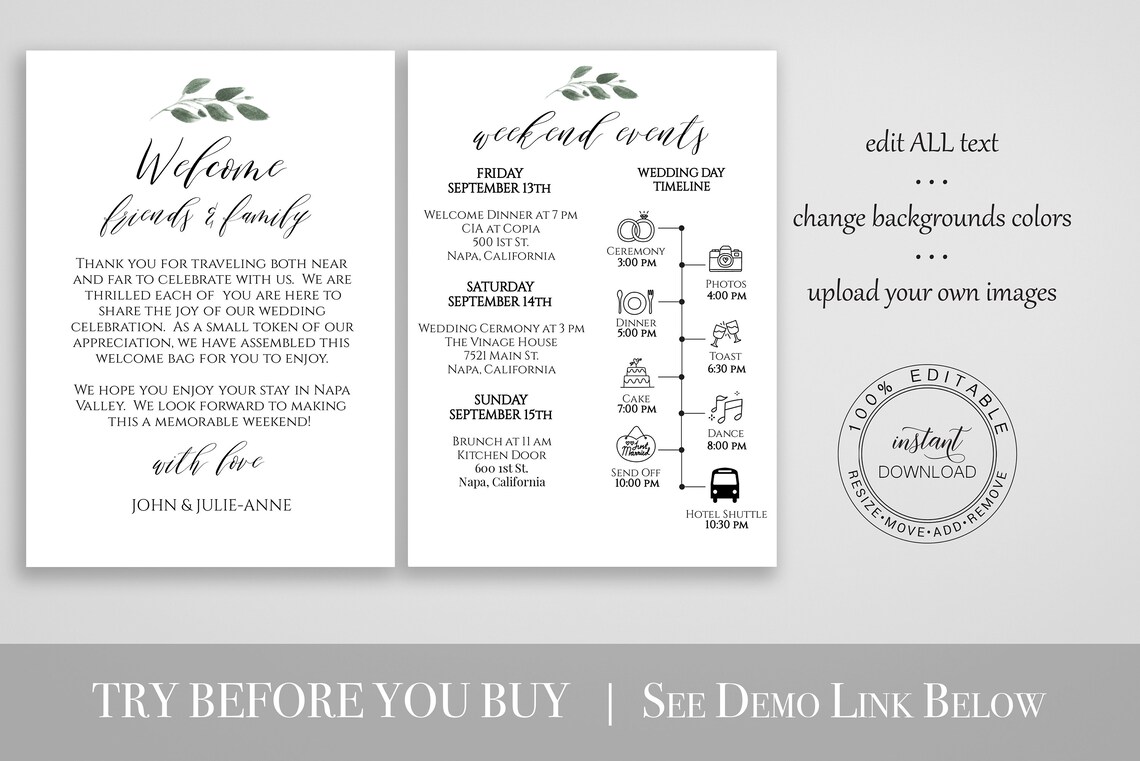 Welcome Wedding Card Wedding Weekend Timeline Printable Out - Etsy