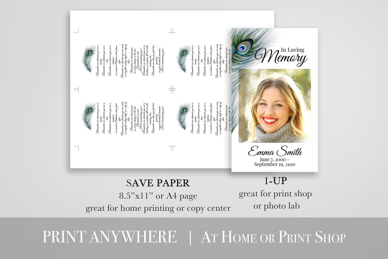 Peacock Feather Memorial Prayer Card, Celebration of Life, Funeral Card ...