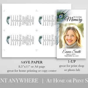Peacock Feather Memorial Prayer Card, Celebration of Life, Funeral Card ...