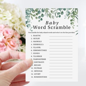 Baby Word Scramble, Greenery Eucalyptus Baby Shower Game, Green Foliage ...