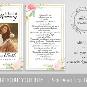 Pink Floral Memorial Prayer Card Celebration of Life Gold & - Etsy
