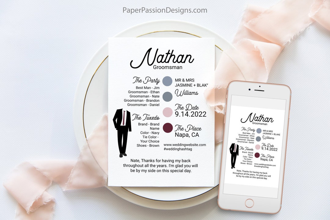 Groomsman Information Card, Printable Best Man Details, Note to ...