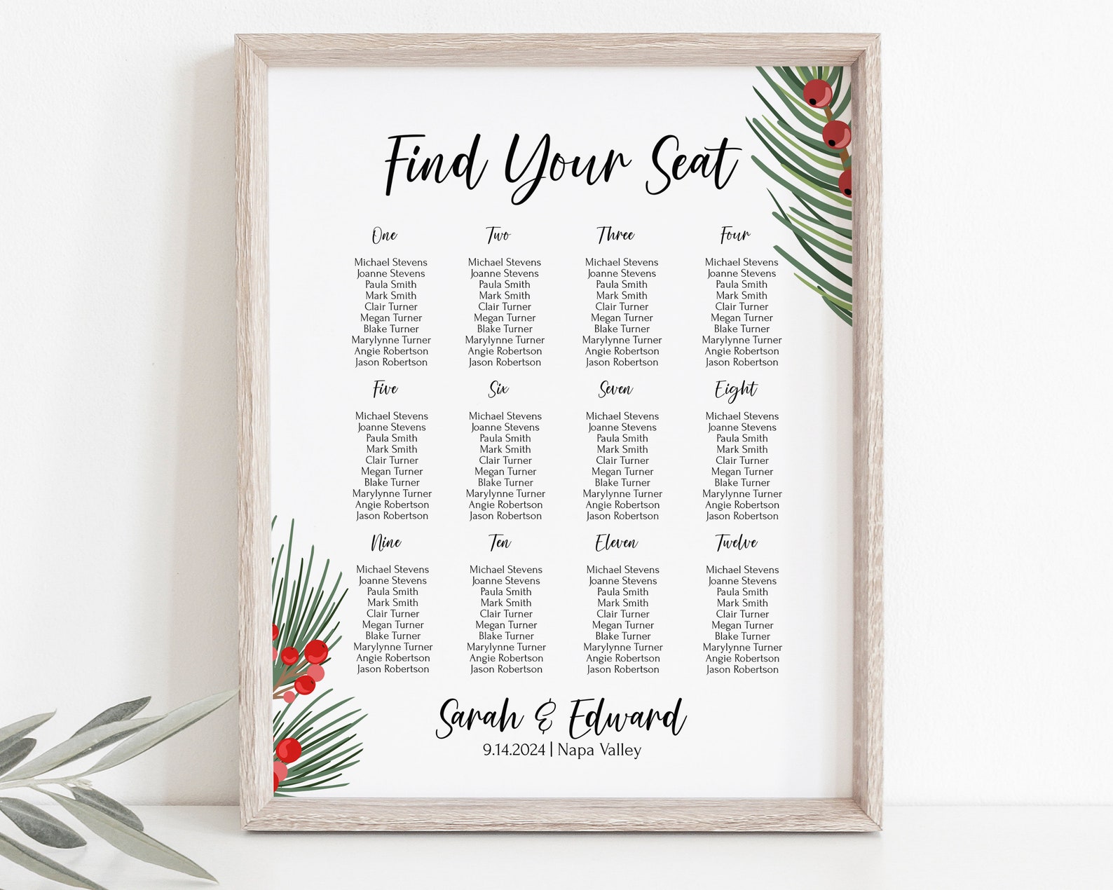 Seating Chart Template Christmas Greenery Sign Winter - Etsy