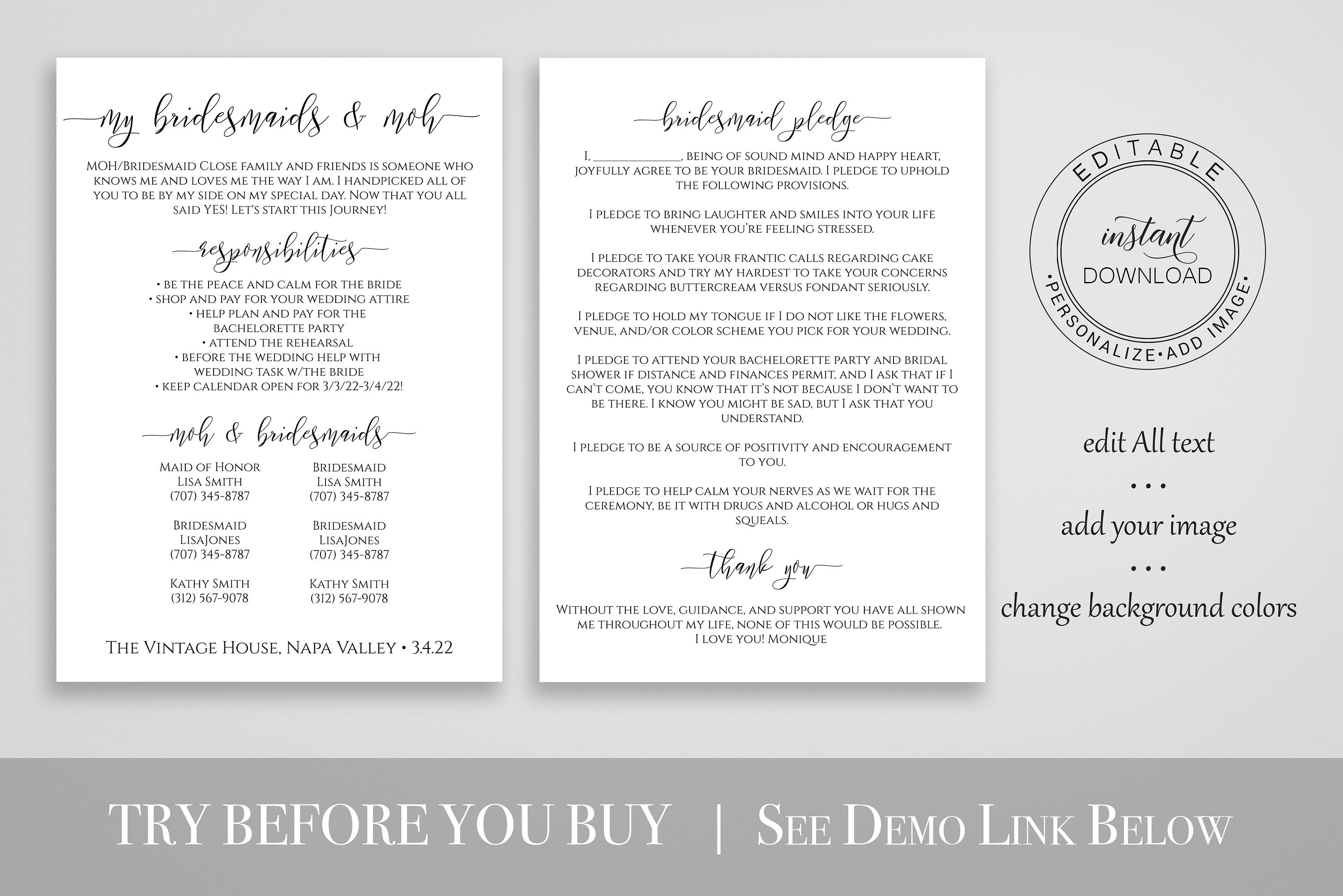 Bridesmaids Commitment Card Printable Bridesmaid Pledge - Etsy