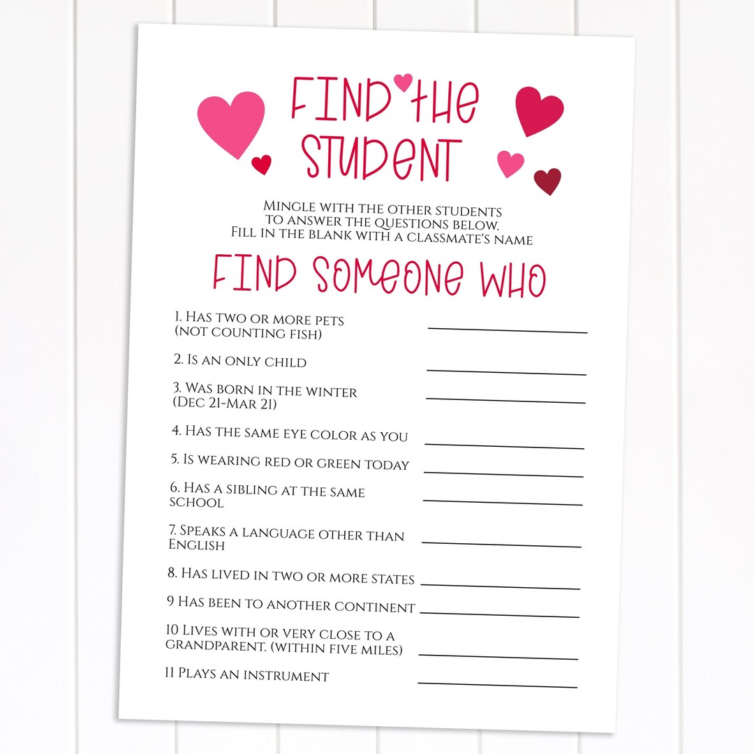 Valentine's Day School Party Game, Find the Student, School Age Game ...