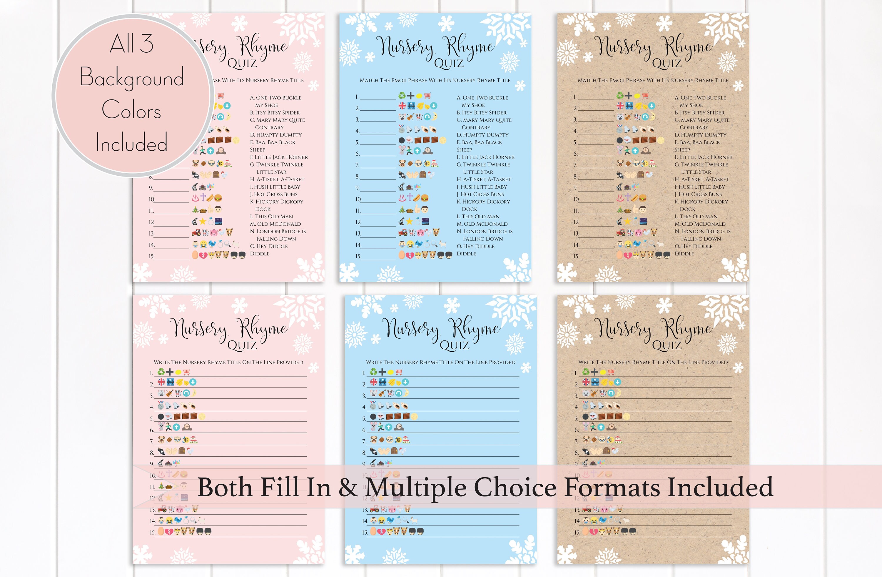 Nursery Rhyme Quiz Winter Snowflake Pink Blue Kraft Baby - Etsy