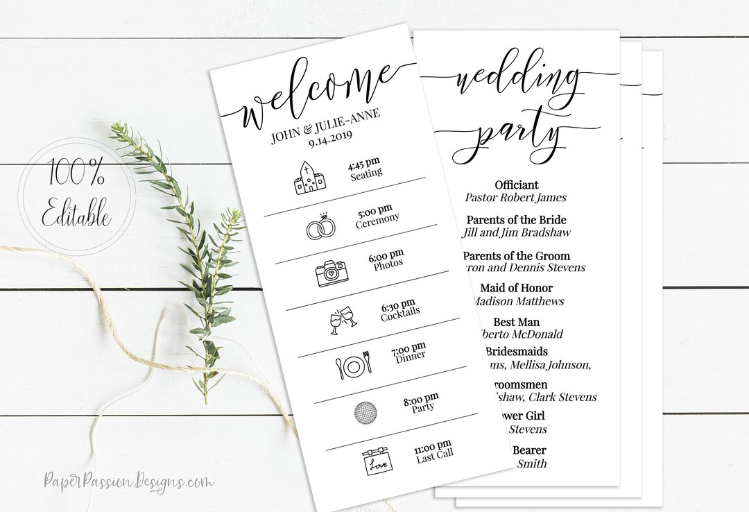 Wedding Timeline Program, Printable Wedding Day Schedule, Ceremony ...