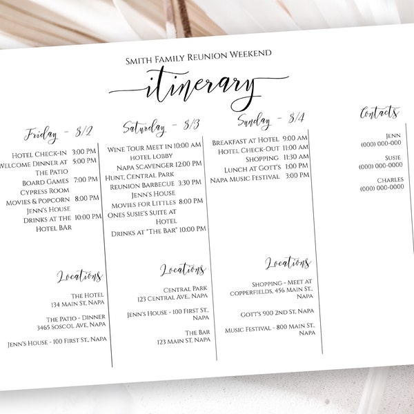 Family Reunion Itinerary Template - Etsy