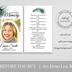 Peacock Feather Memorial Prayer Card, Celebration of Life, Funeral Card ...