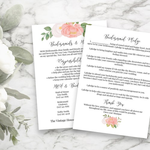 Bridesmaids Pledge Card Printable Bridesmaid Commitment - Etsy Canada
