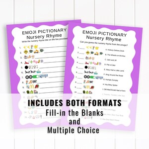 Baby Shower Pictionary Game, Purple Theme Emoji Nursery Rhyme Quize ...