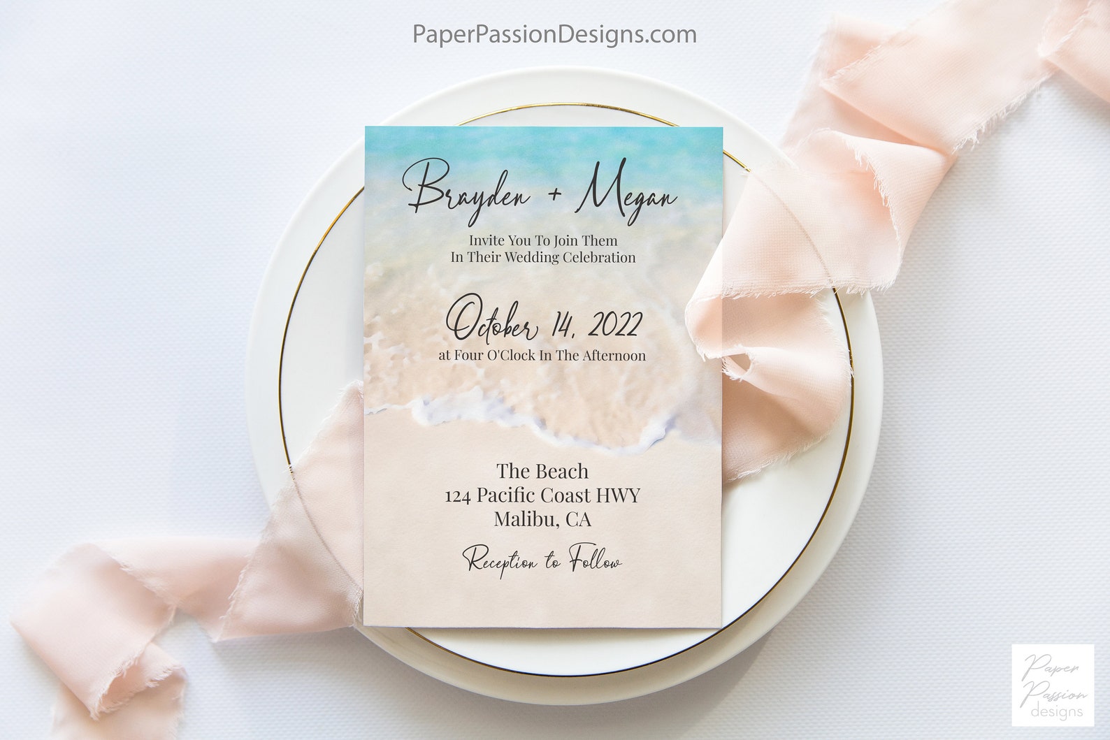 Beach Wedding Invitation Template, Tropical Wedding, Ocean Wave, Blush ...