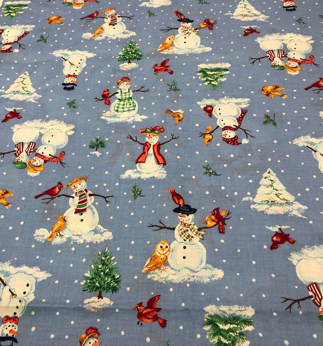 Snowmen & Birds Cotton Fabric: Cranston Collection, Blue Winter Print ...