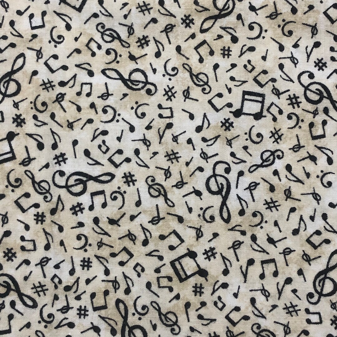 Musical Notes and Symbols Cotton Fabric Black on Mottled Beige Fabric ...