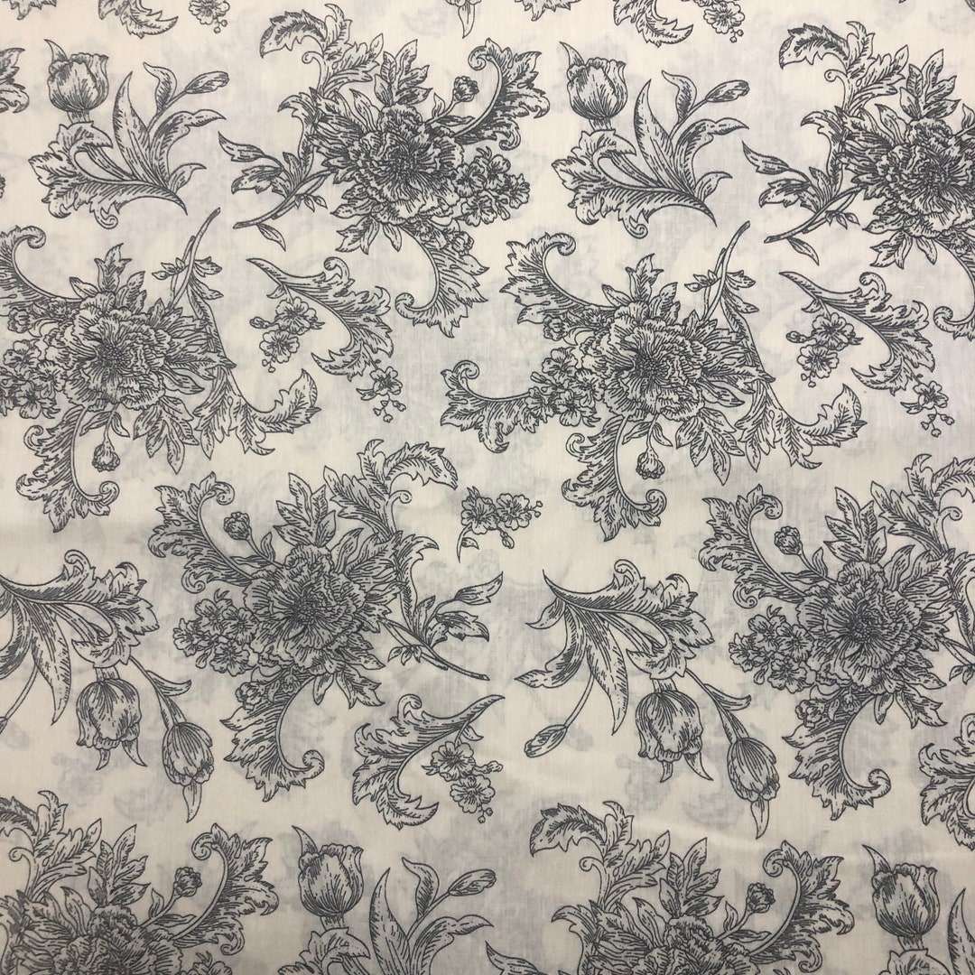 Vintage Textile Arts Film Fabric Beige With Black Floral Bouquet Toile ...