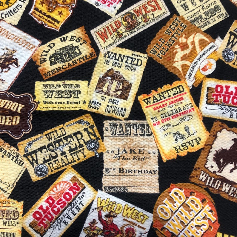 Wild Wild West Postage Stamp Signs Tossed Cotton Fabric Exclusively ...