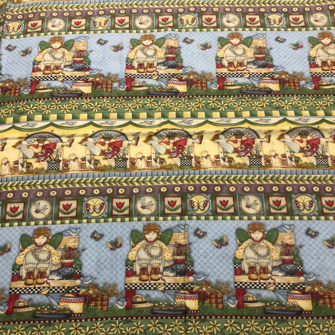 Debbie Mumm Garden Angels on Bench Striped Cotton Fabric SSI Retired ...