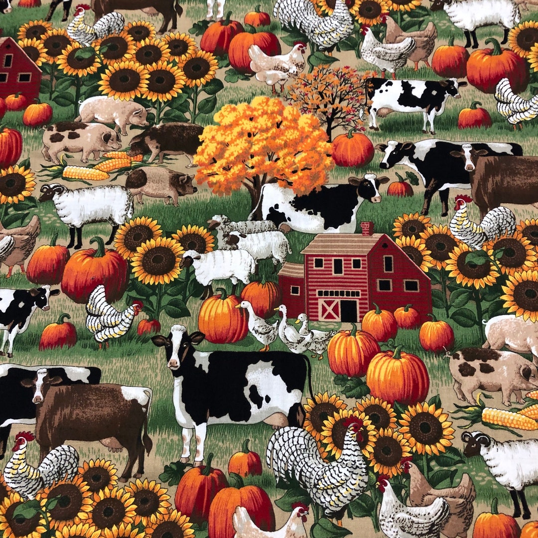 Vintage Autumn Farm Life Homestead Cotton Fabric Sunflowers Cows Farm ...