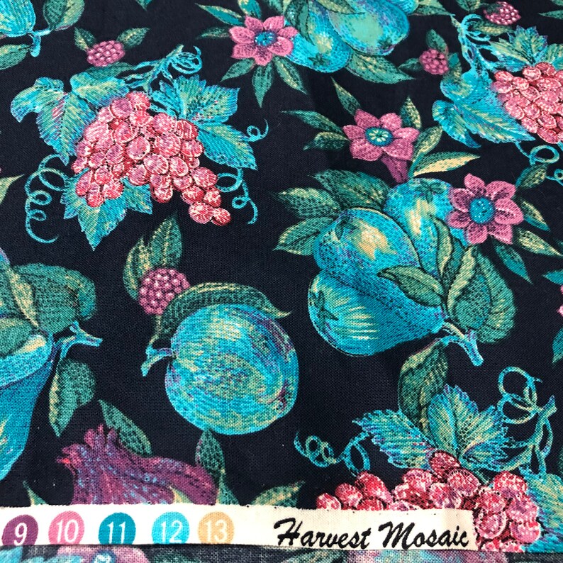 Vintage Harvest Mosaic Floral & Fruit Cotton Fabric in Teal and Pink on ...