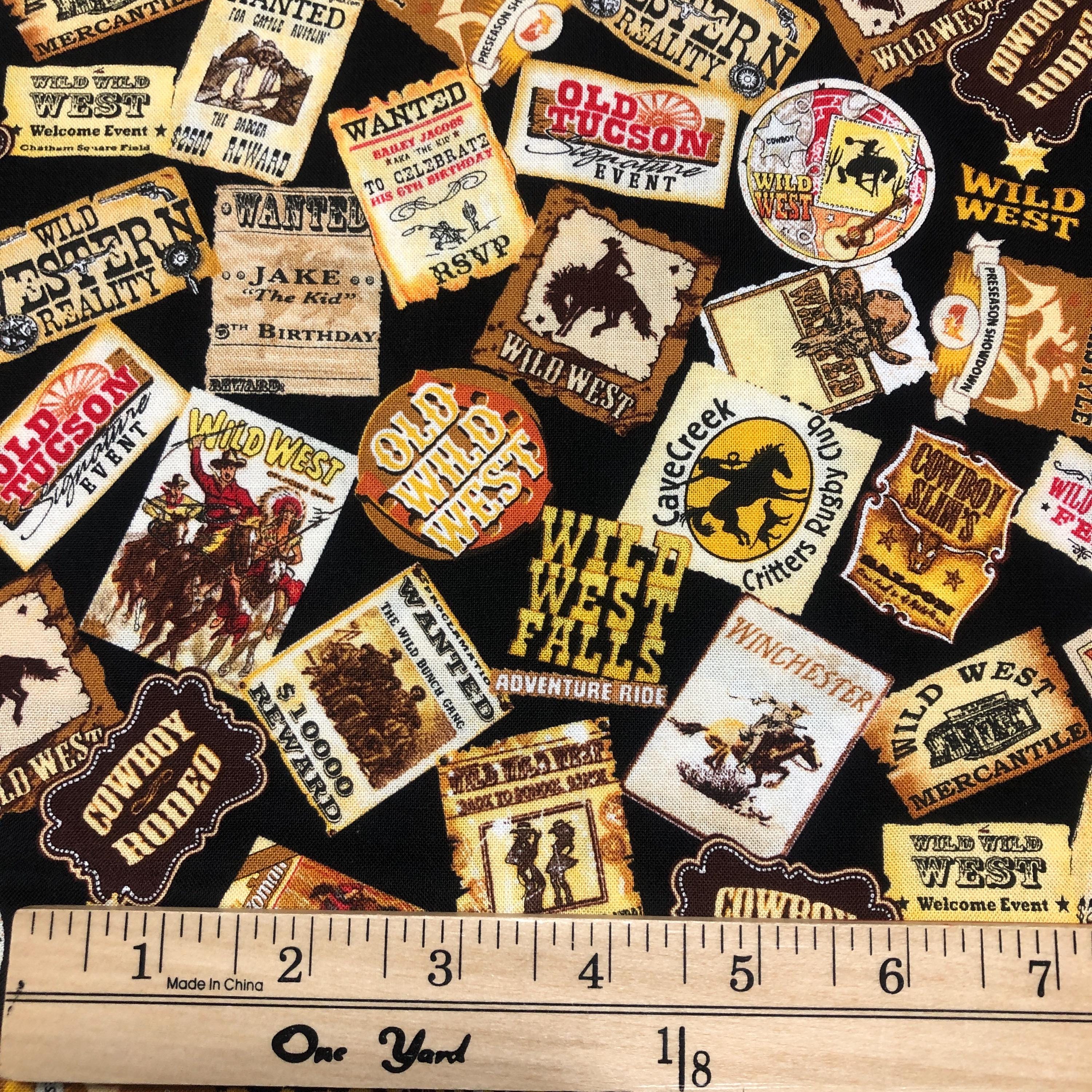 Wild Wild West Postage Stamp Signs Tossed Cotton Fabric Exclusively ...