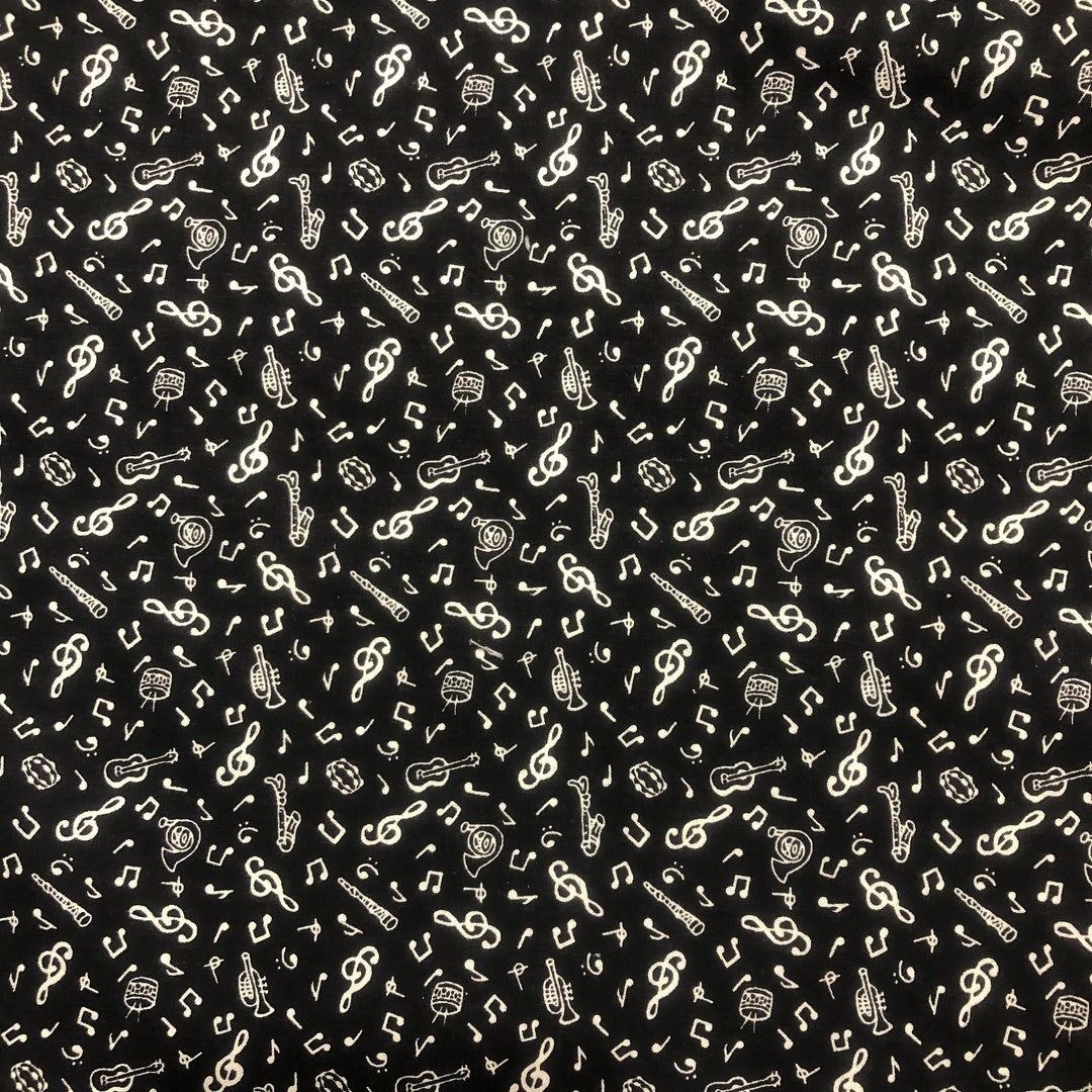 Mini Musical Notes and Instruments Cotton Fabric off White on Black ...