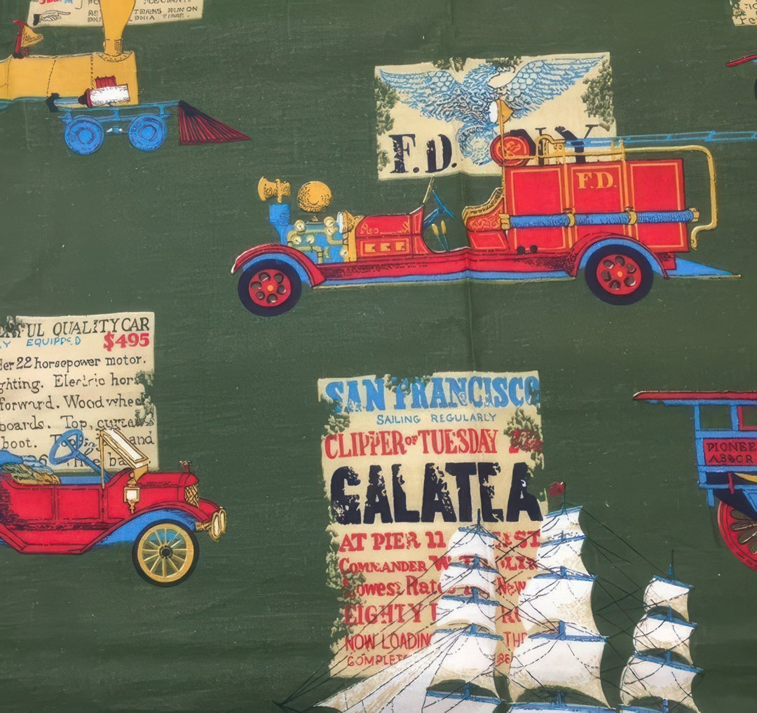 Vintage 60s Transportation Fabric: Firetruck, Clipper Ship, Car, Train ...