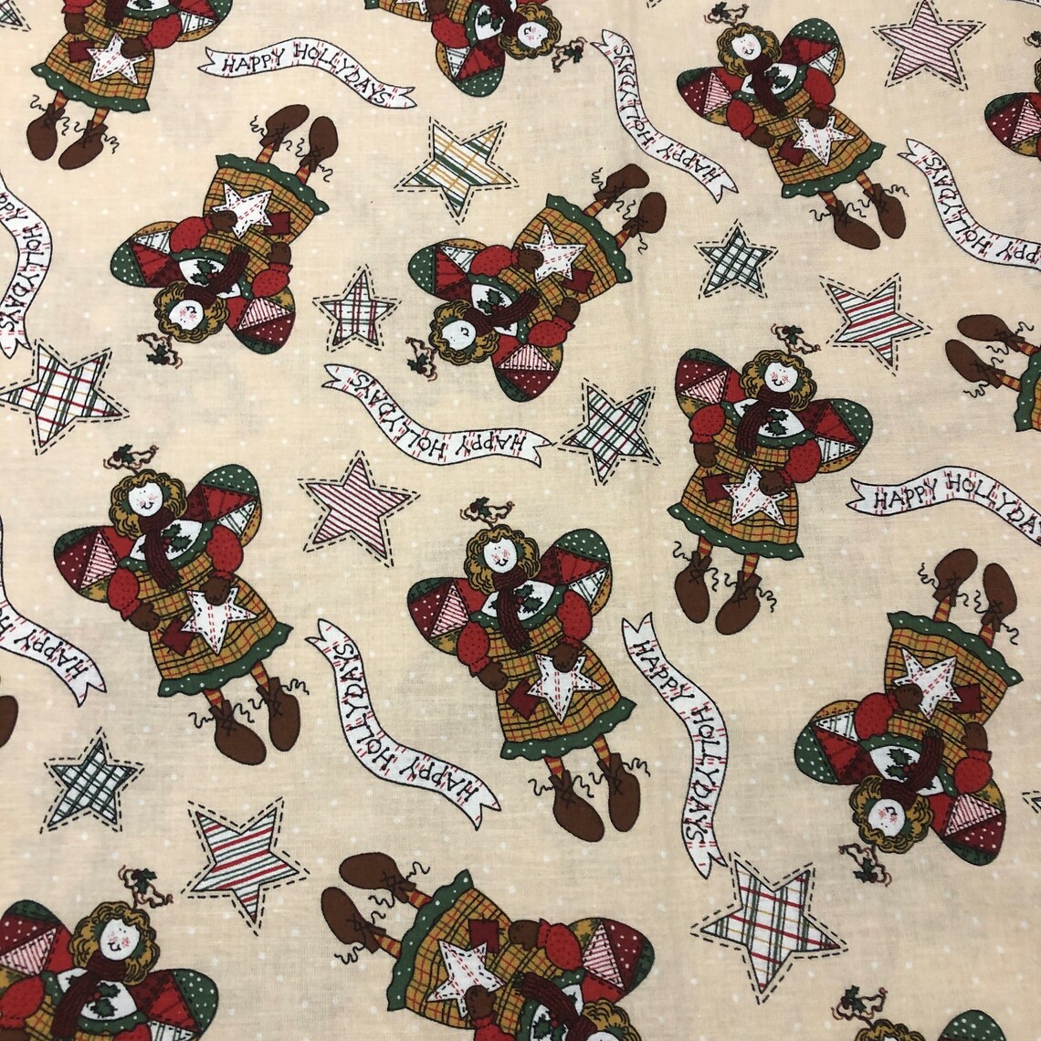 Happy Holidays Primitive Patchwork Angels Stars Banners Beige ...