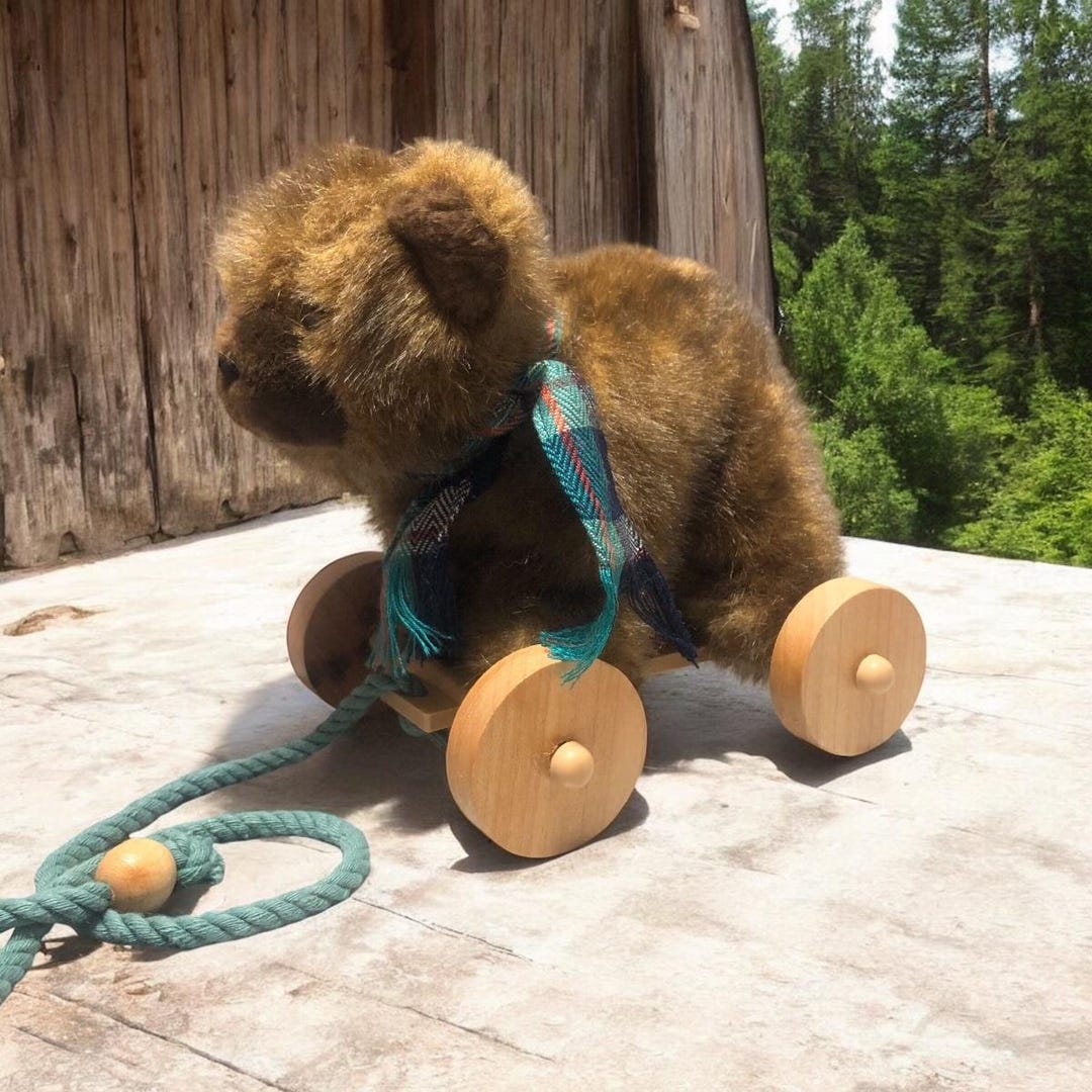 Applause Nostalgic Vintage 80's Plush Brown Bear on Wheels Pull Toy ...