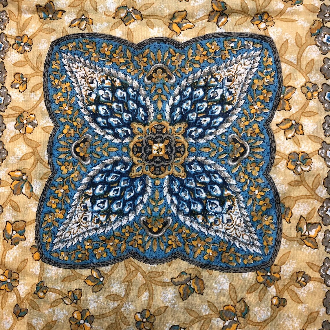 Blue Gold Floral Stripe Medallion Cotton Fabric Chetley | Etsy