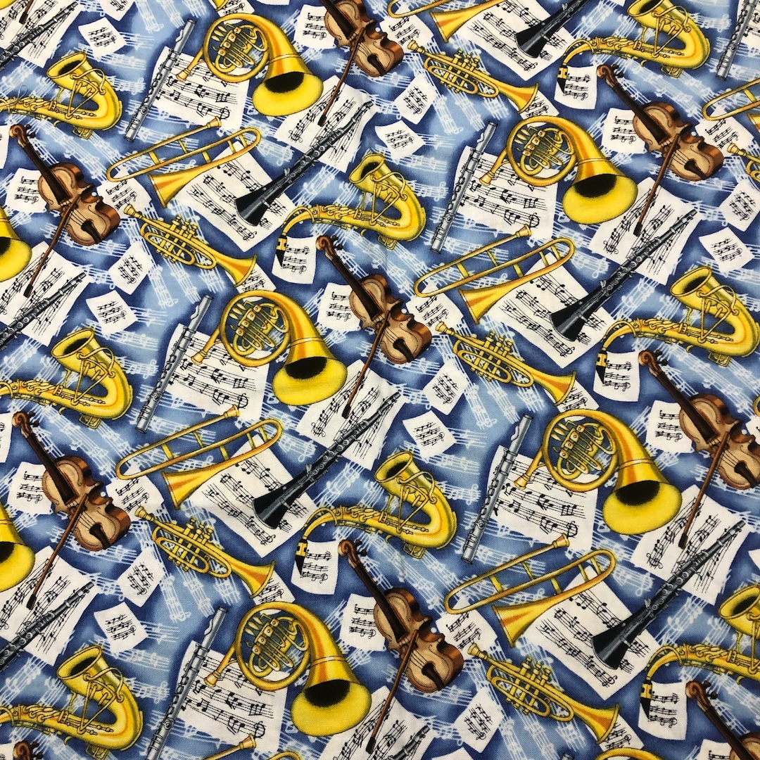 Musical Instruments Sheet Music Cotton Fabric Sax French Horn Violin on ...