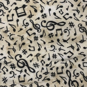 Musical Notes and Symbols Cotton Fabric Black on Mottled Beige Fabric ...