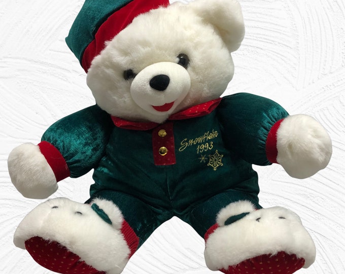 Vintage 1993 Christmas Snowflake Teddy Bear Plush Dressed in Green and ...