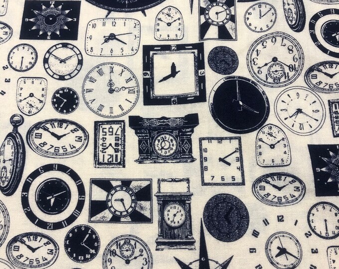 Clocks Allover Black on Beige Cotton Fabric Vintage 90's Designer Karen ...