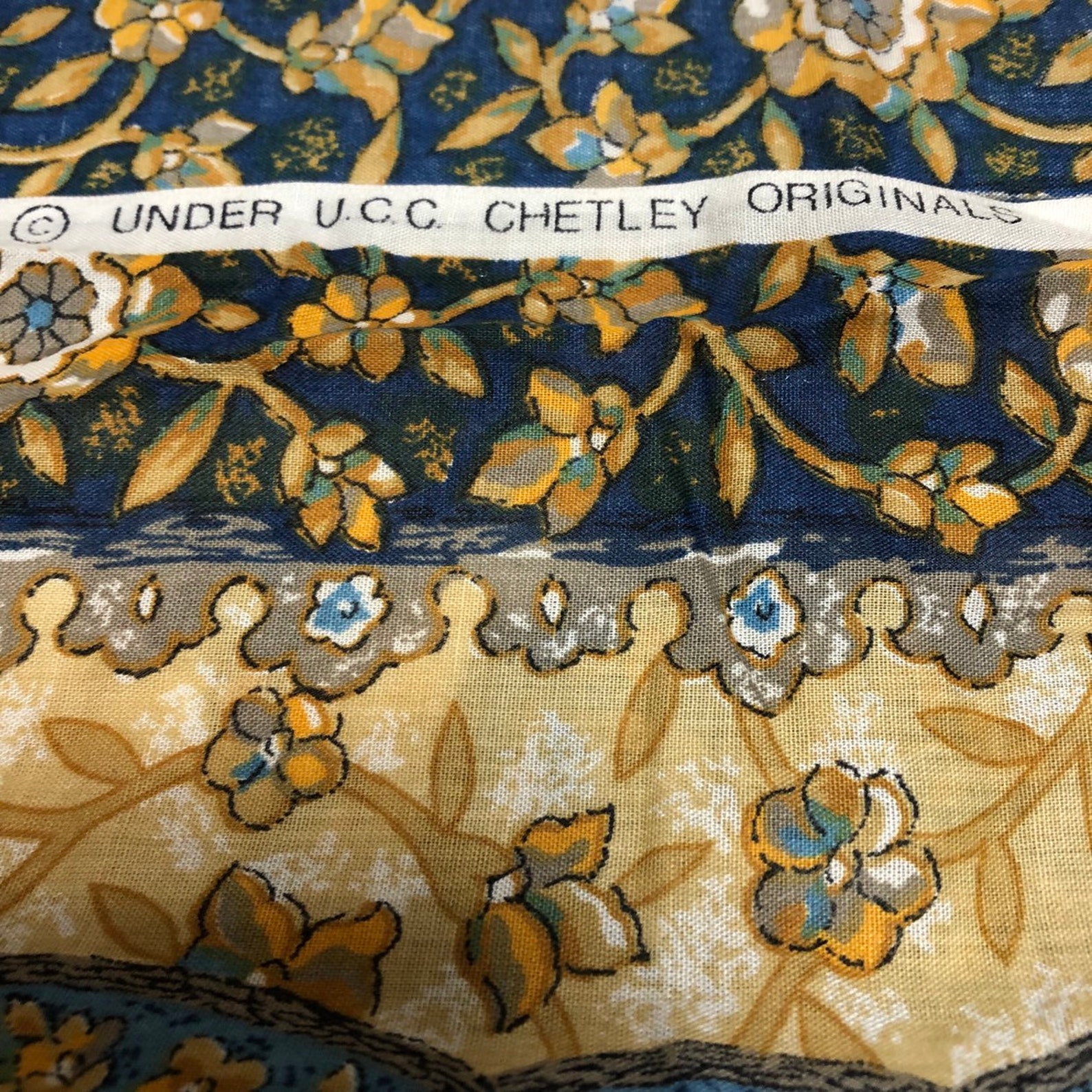 Blue Gold Floral Stripe Medallion Cotton Fabric Chetley | Etsy