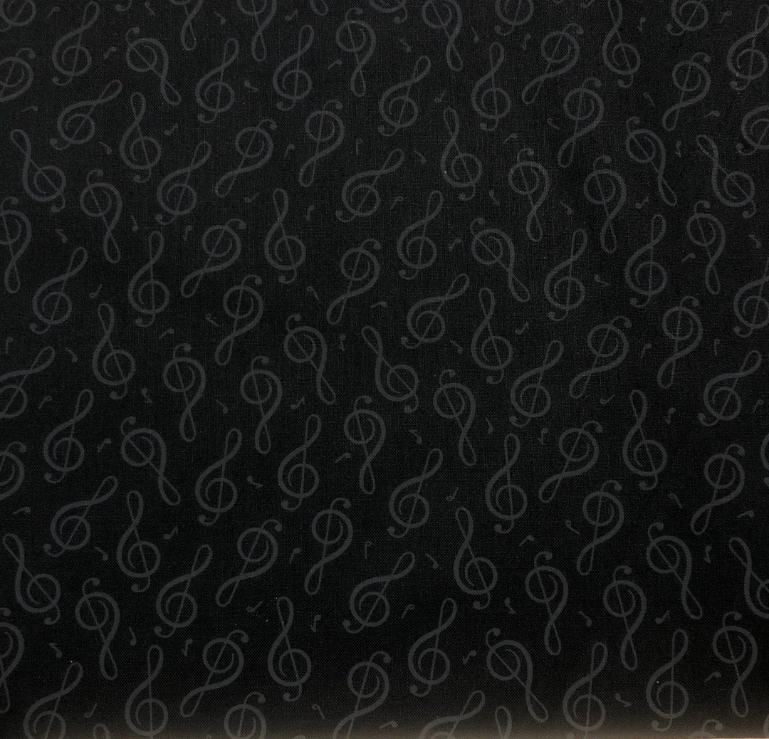 Treble Clef Music Notes Tossed Gray on Black Blender Cotton Fabric 44 X ...