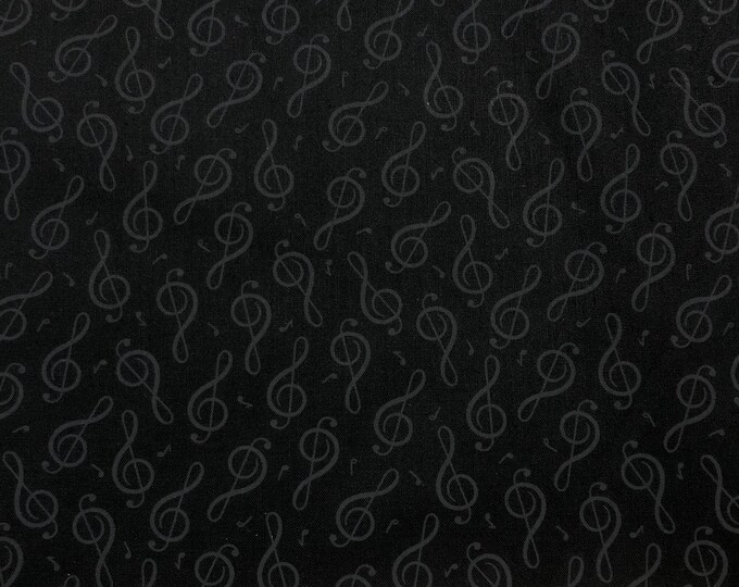 Treble Clef Music Notes Tossed Gray on Black Blender Cotton Fabric 44 ...