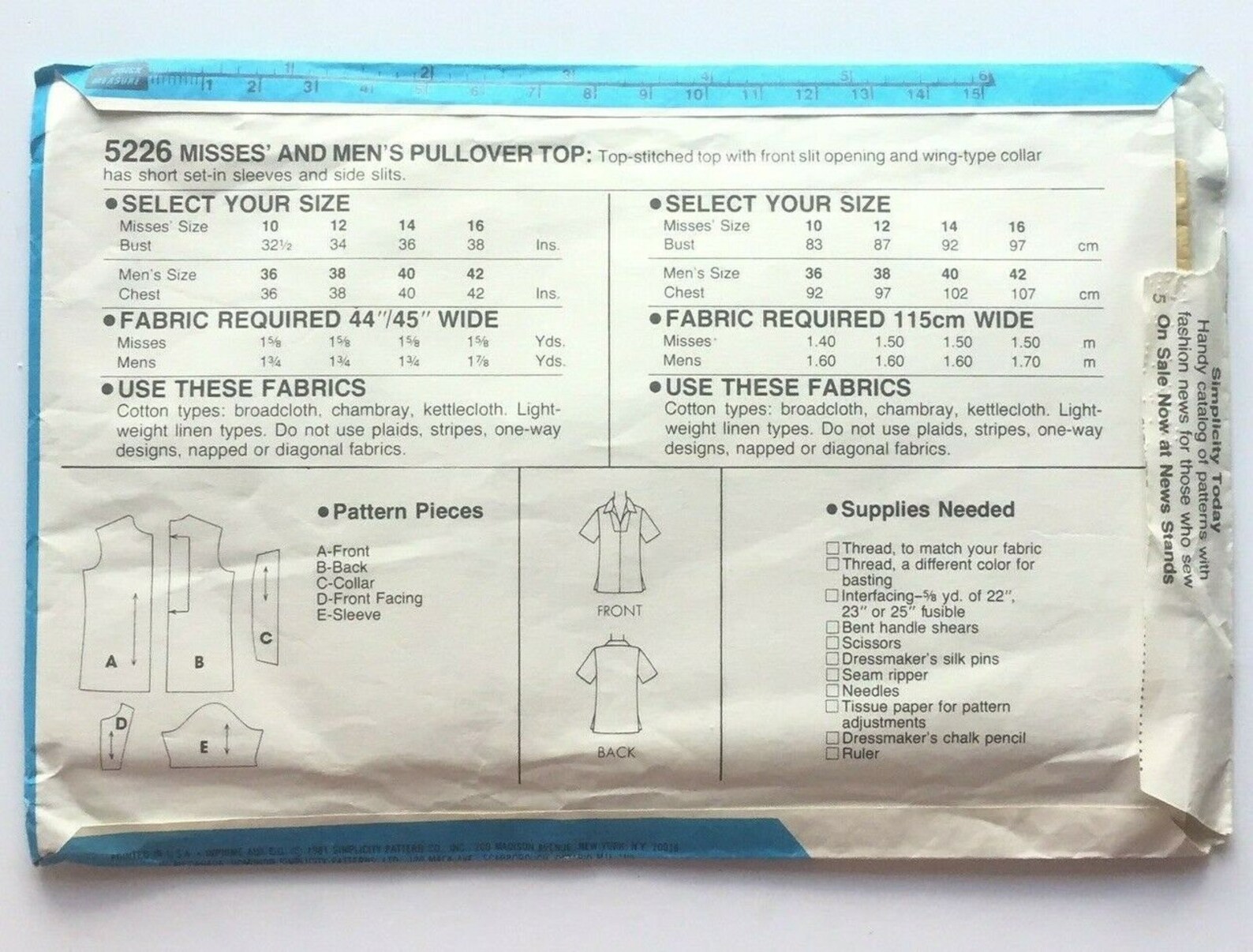 Misses And Mens Pullover Top Simplicity 5226 Pattern Beginners | Etsy