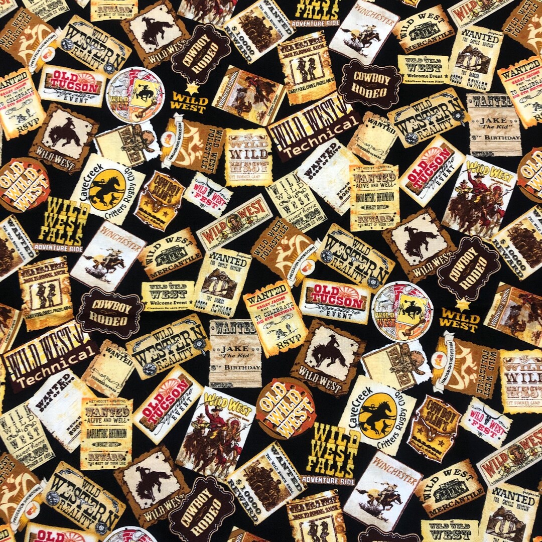 Wild Wild West Postage Stamp Signs Tossed Cotton Fabric Exclusively ...