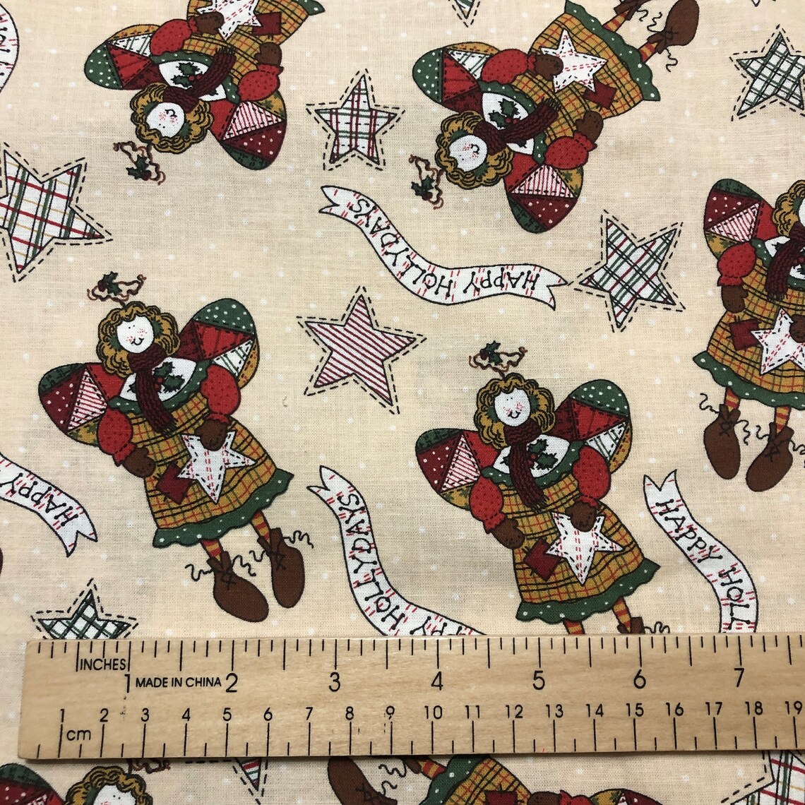 Happy Holidays Primitive Patchwork Angels Stars Banners Beige ...