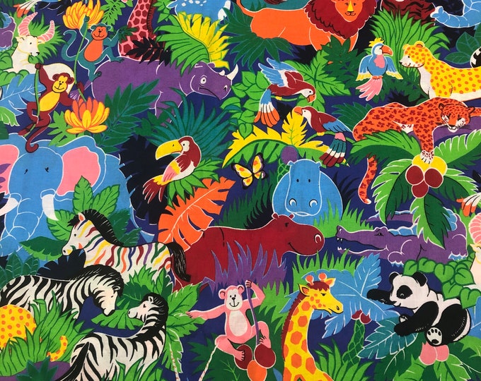 Vintage Colorful Jungle Animals Cotton Fabric Zebra Giraffe Lion Tiger ...