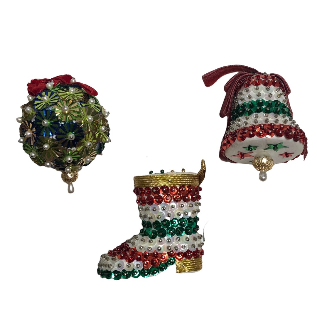 Lot of 3 Vintage Handmade Sequin & Pins Ornaments Bell Boot and ...