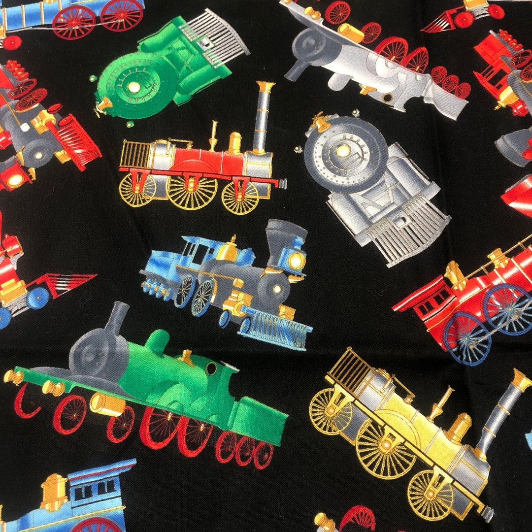 Vintage Locomotive Train Steam Engine Toss Brightly Colored on Black ...